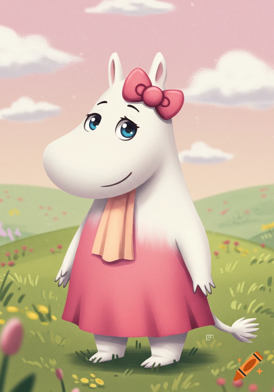 A cartoon character resembling a Moomin wearing a pink dress and pink ...