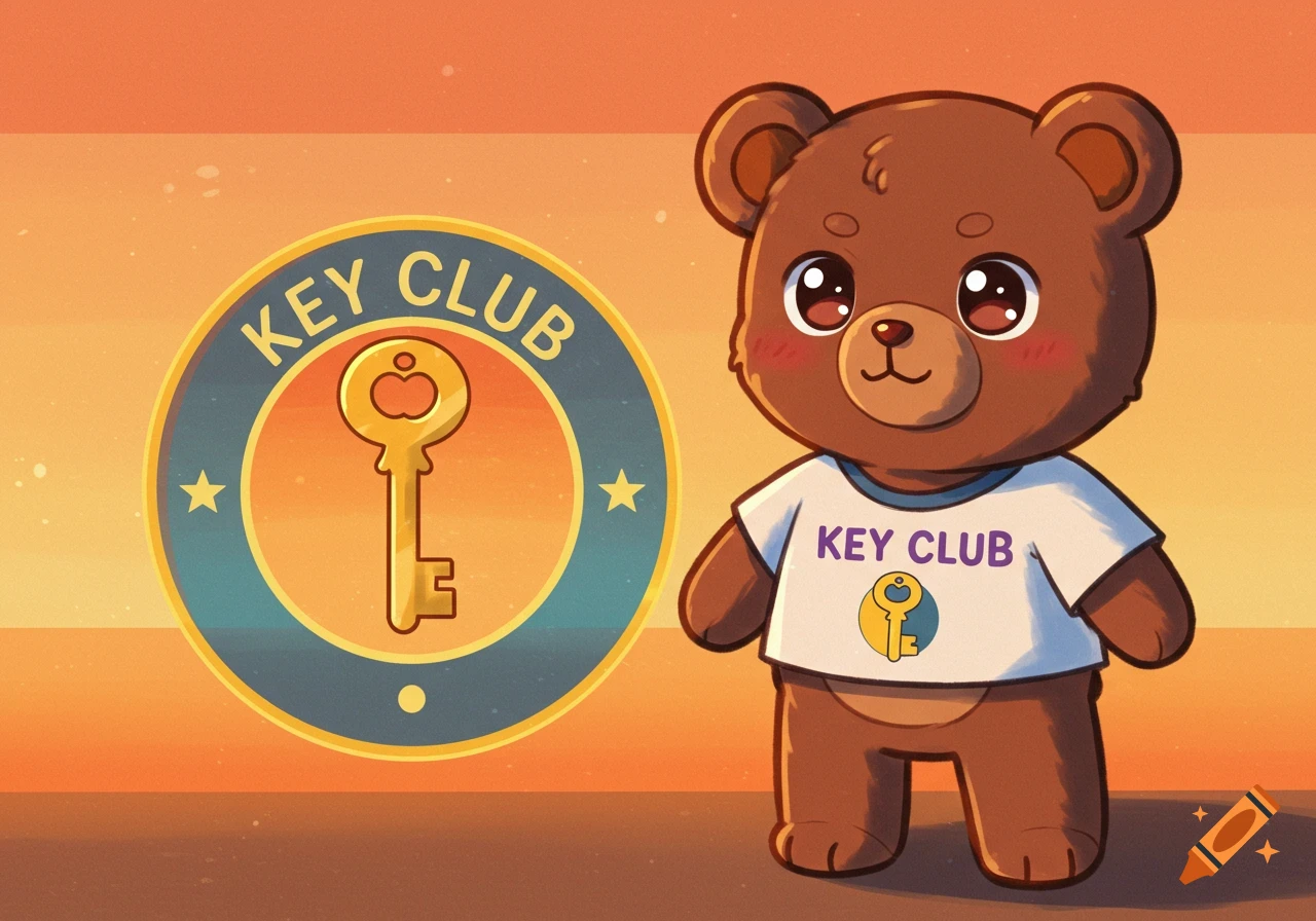A cute cartoon bear wearing a white shirt with a 'KEY CLUB' logo ...