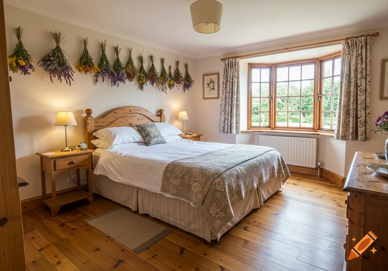 A cozy cottage bedroom with a large bed, bay window, wooden floors, and bundles of dried flowers ...