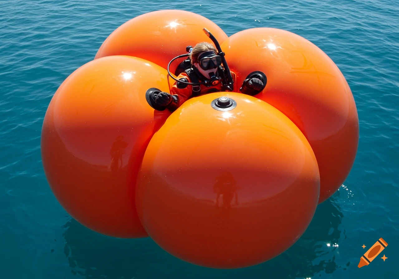 A person in scuba gear floats among large orange spheres on the ocean ...