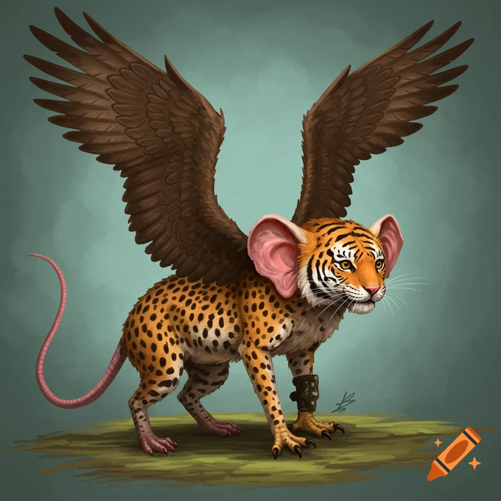 A mythical creature with a tiger head, cheetah body, mouse tail, large elephant ears, and eagle ...
