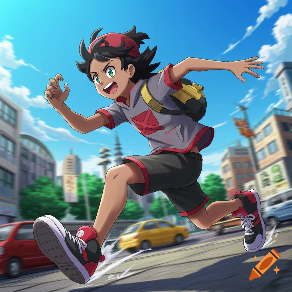 Anime illustration of Goh from Pokemon running through a city street ...