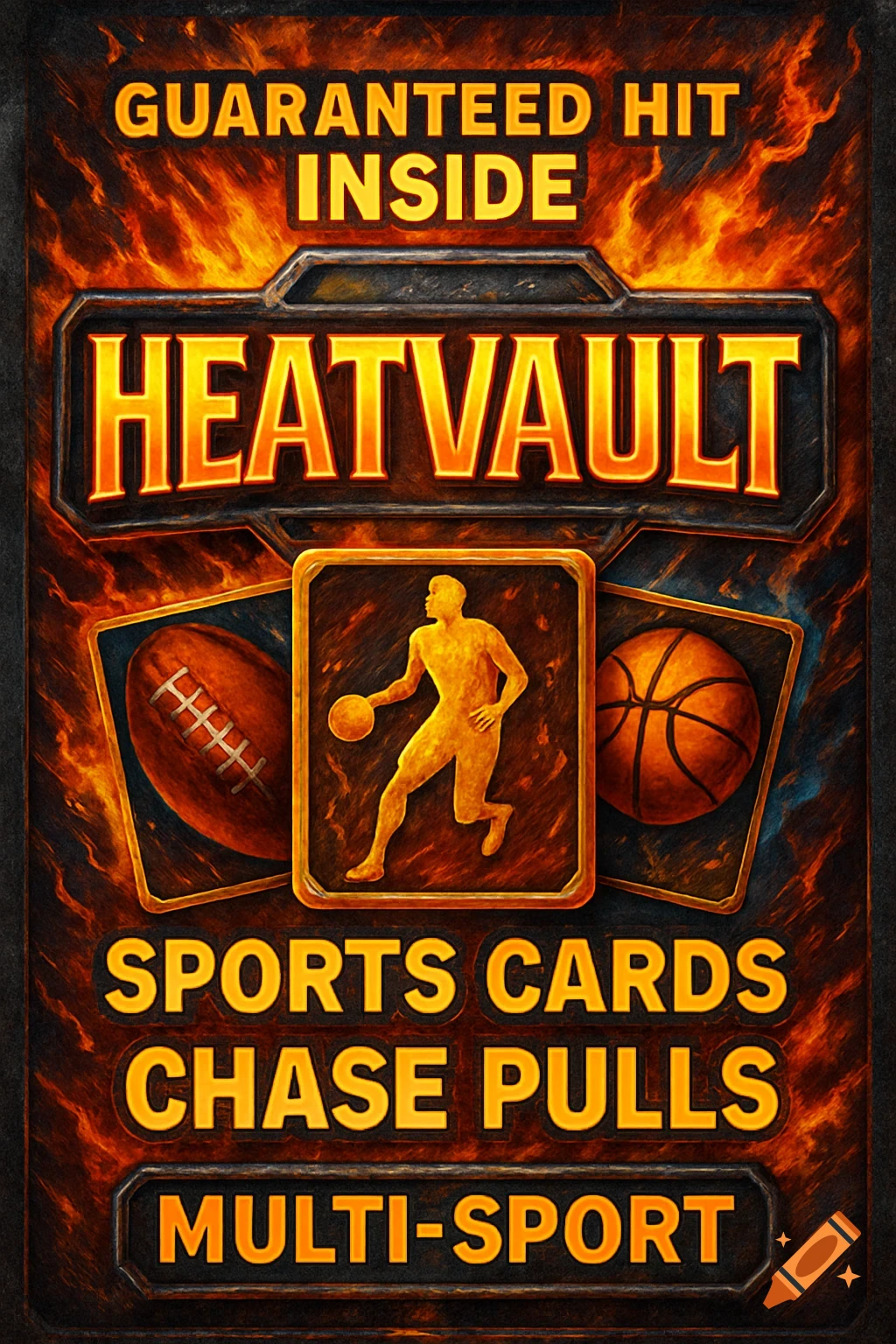 Trading card pack design with flames, football, basketball, athlete ...