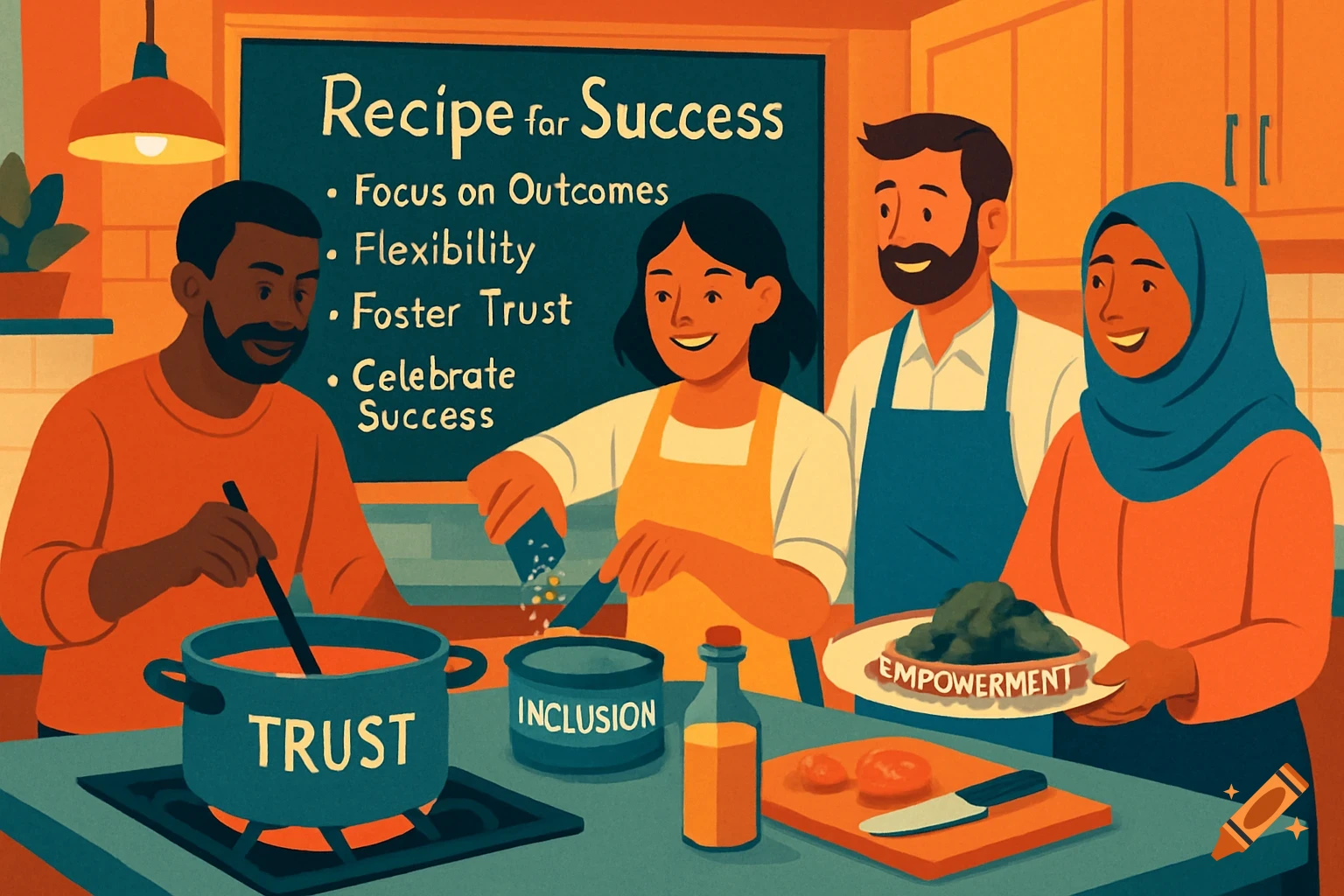 Stylized illustration of a diverse team cooking in a kitchen with a ...