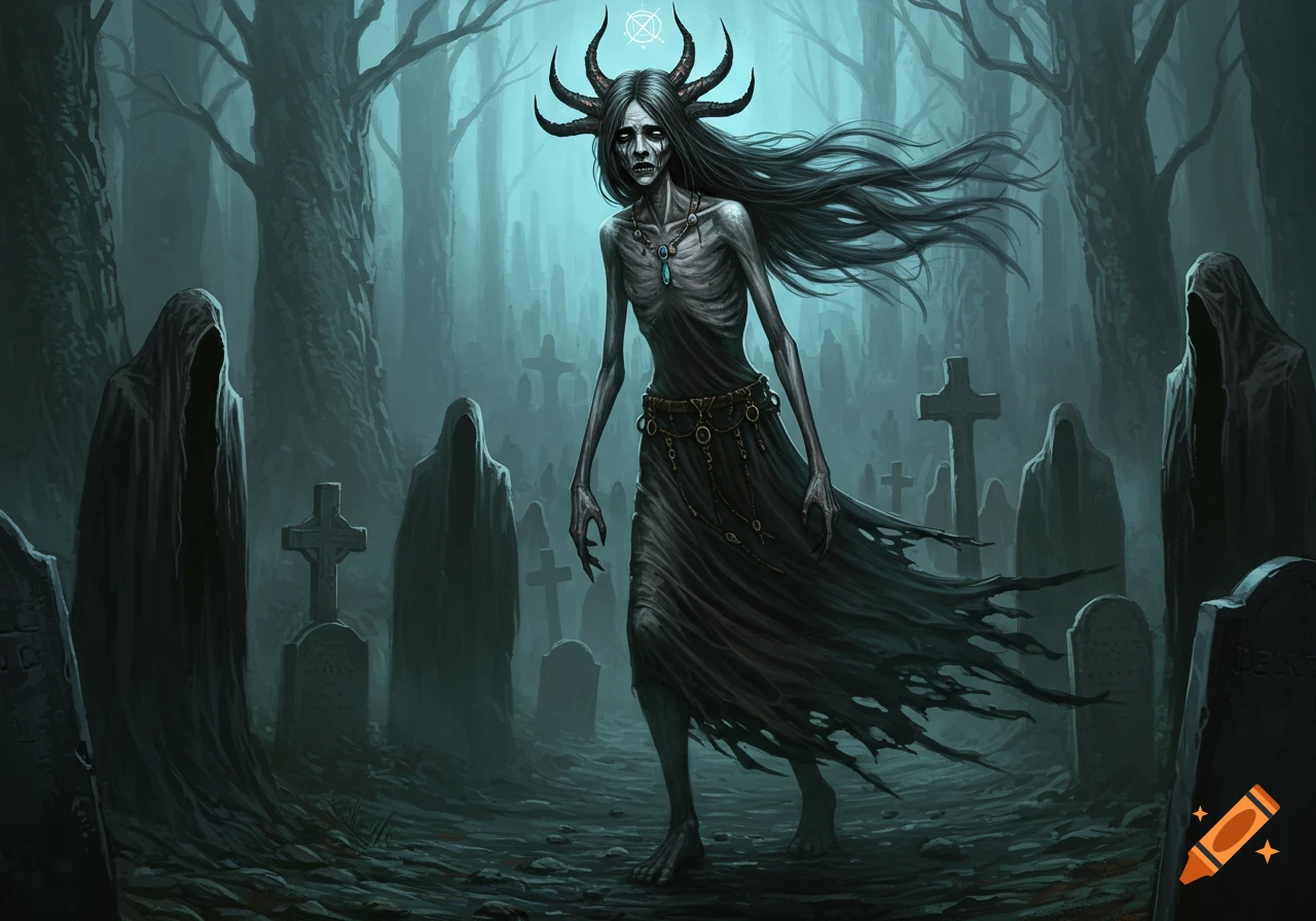 Gaunt, horned creature in a tattered dress walks through a dark, foggy ...