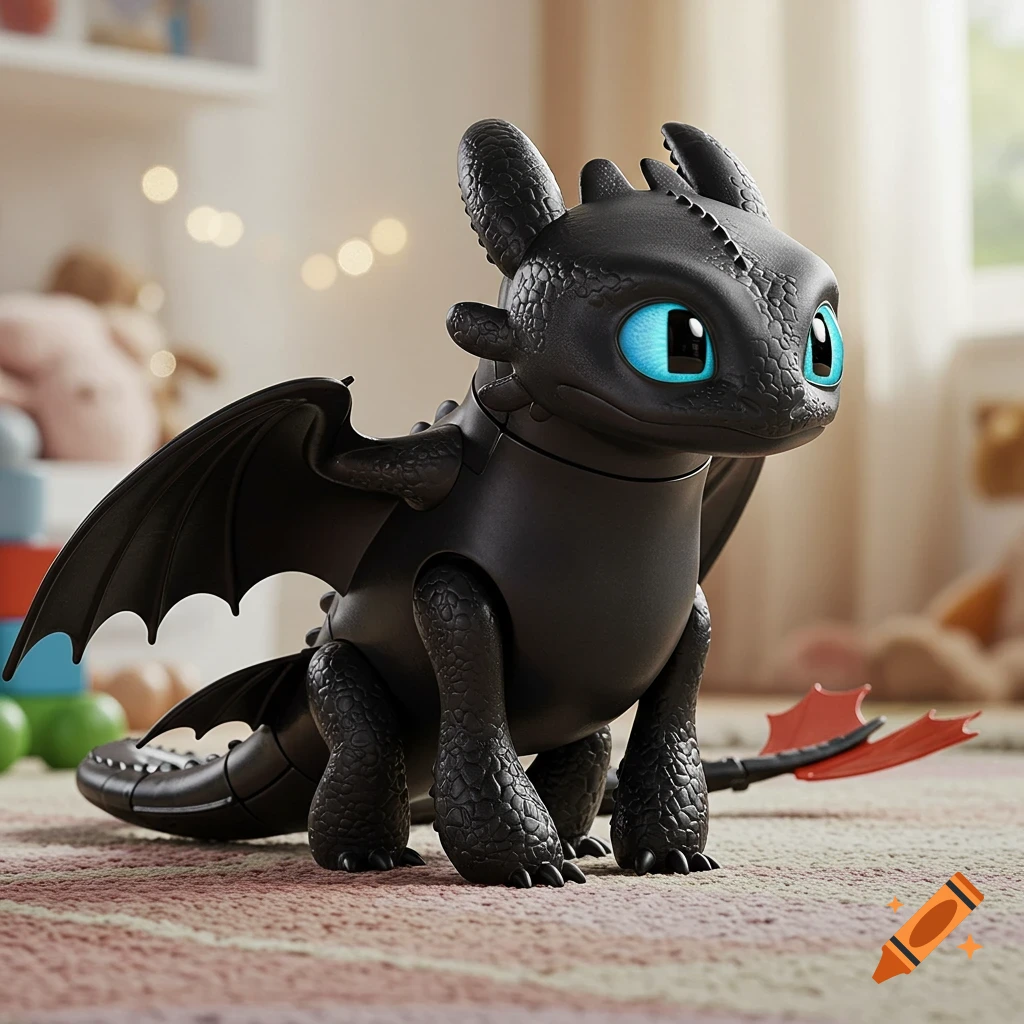 Toothless the dragon toy standing on a rug in a child's room. on Craiyon