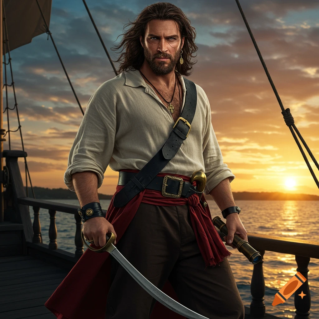 A handsome pirate captain with long brown hair and beard stands on a ...