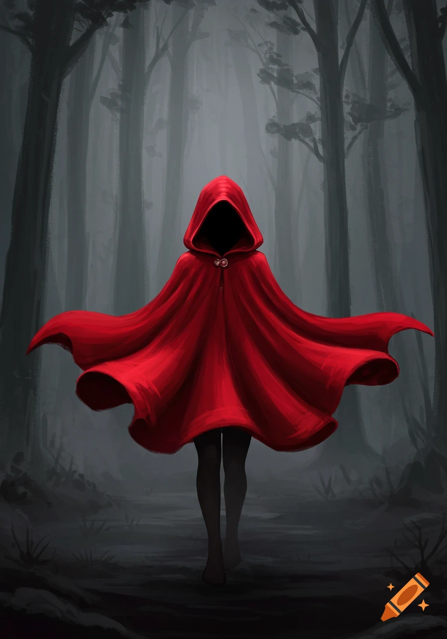 A figure in a flowing red hooded cloak walks through a dark, misty forest. Digital painting. on ...