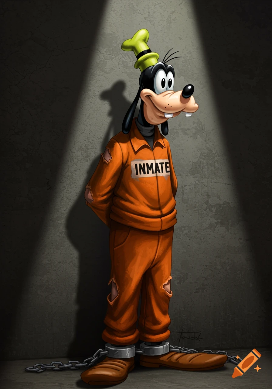 Cartoon character Goofy in orange prison jumpsuit and chains stands in ...