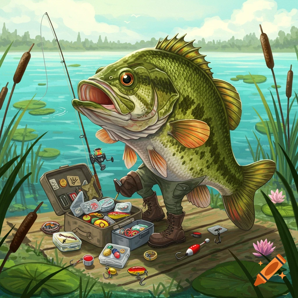 An anthropomorphic bass fish wearing boots and pants packs tackle boxes ...