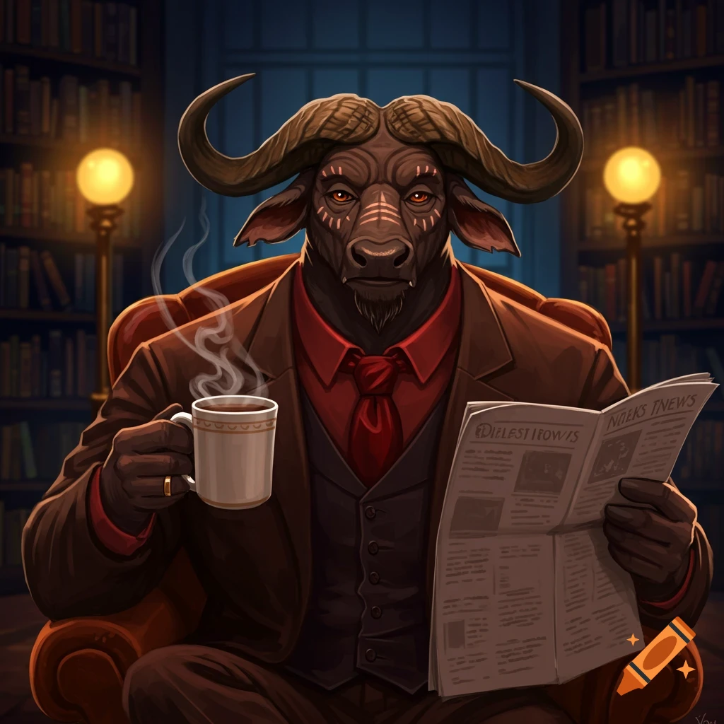 Anthropomorphic buffalo in suit reading a newspaper in a library on Craiyon