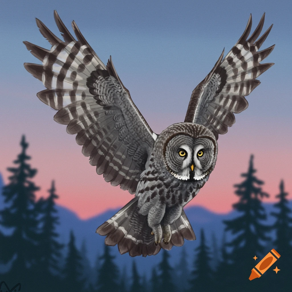 A great gray owl flies with wings spread against a sunset sky. on Craiyon