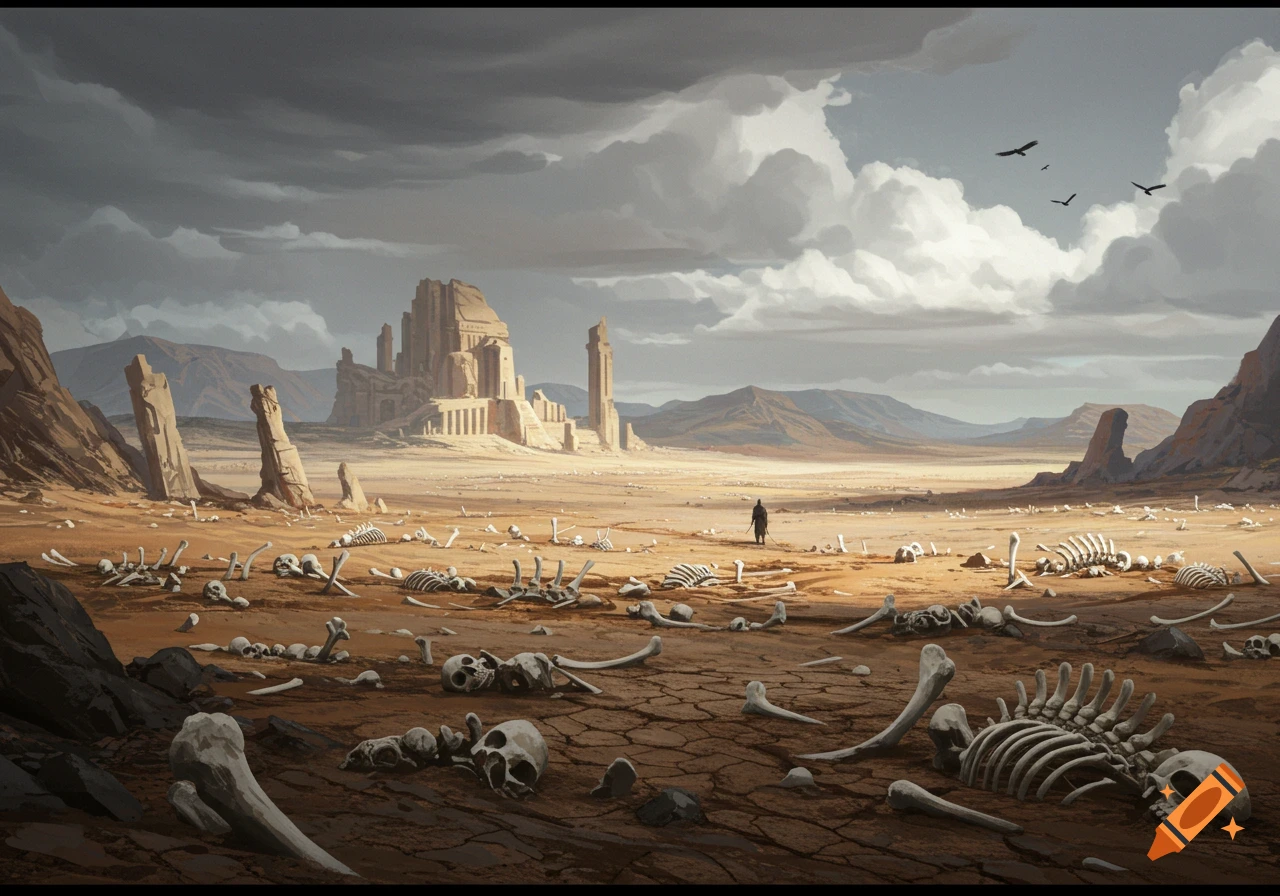 A desolate landscape with scattered skeletons and bones, ancient ruins ...