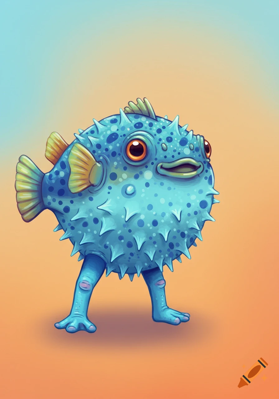 A cartoon illustration of a blue puffer fish standing on human-like ...