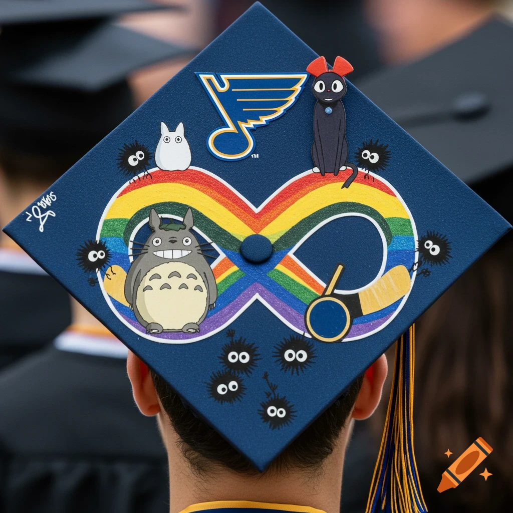 A graduation cap decorated with anime characters like Totoro and Jiji ...