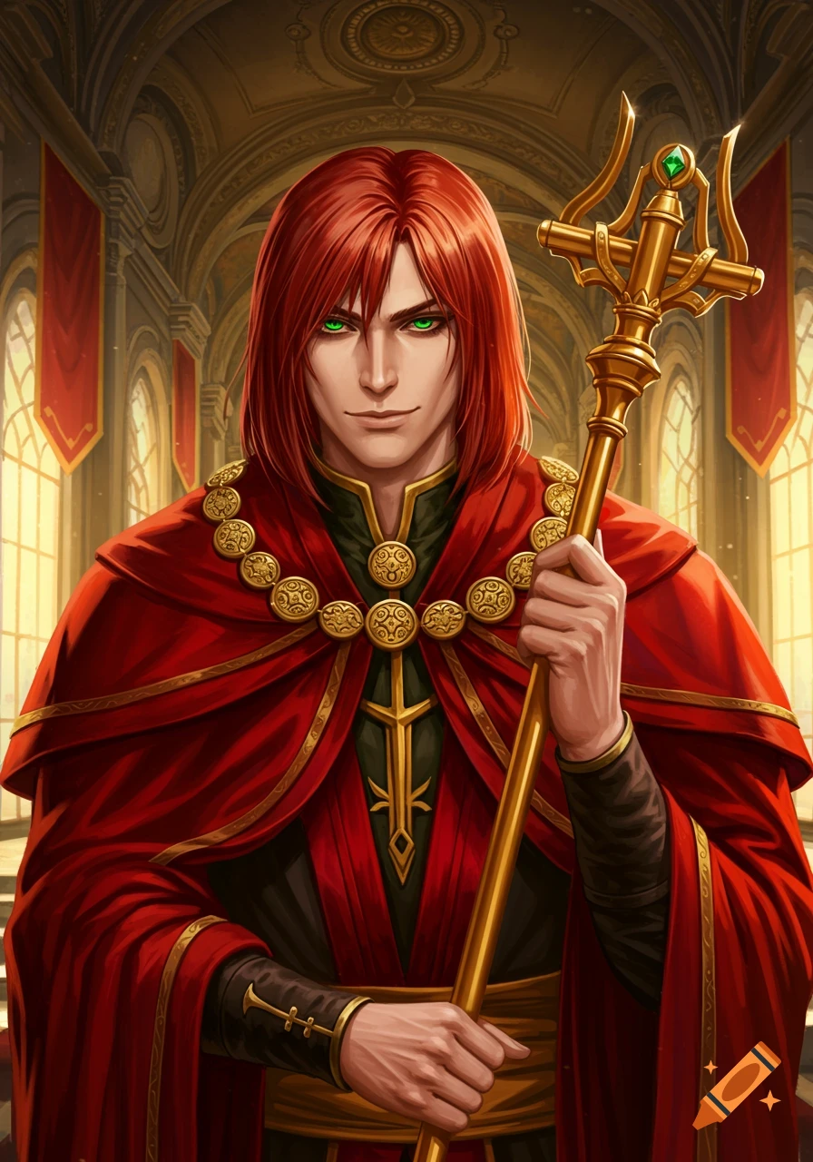 A man with red hair and green eyes wears red and gold robes, holding a ...