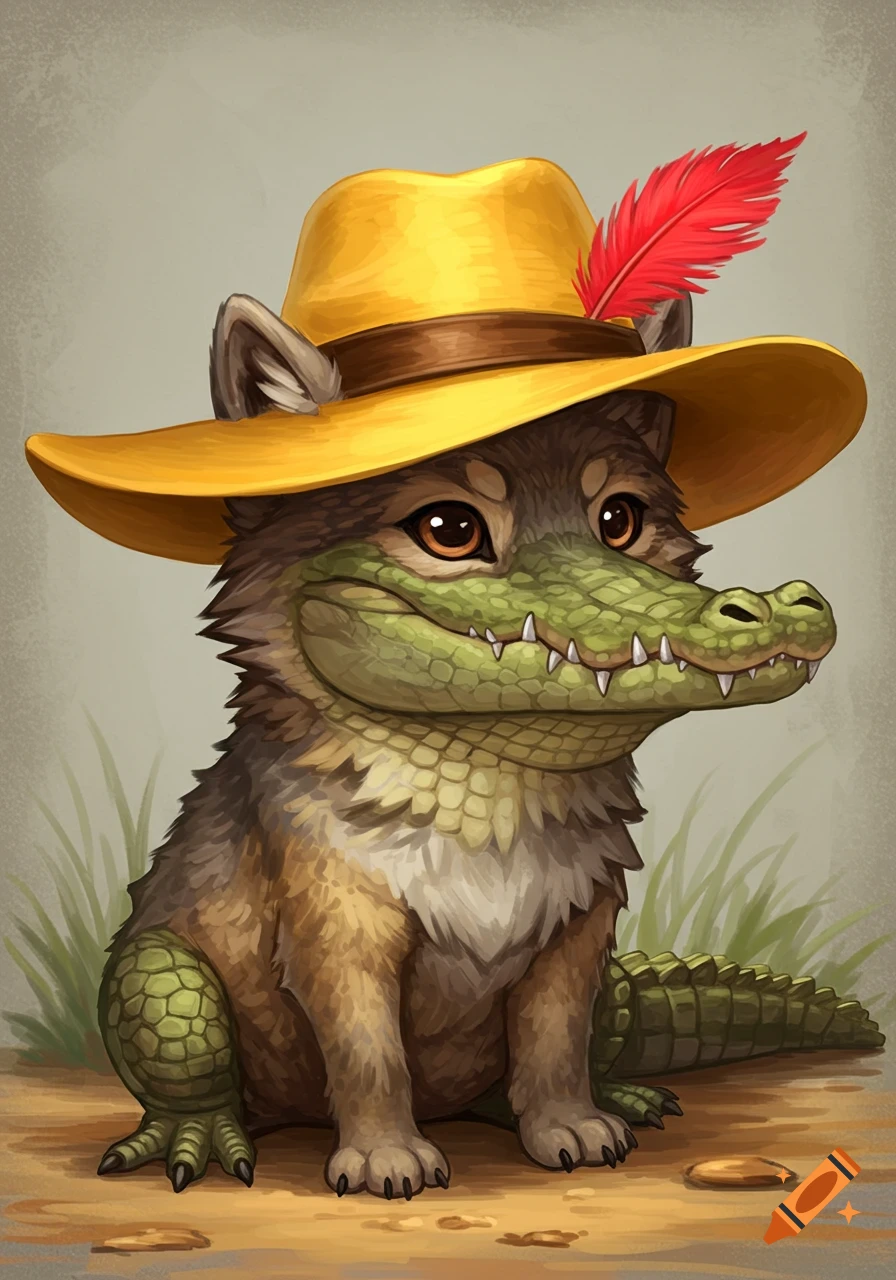 A cute wolf-alligator hybrid wearing a yellow hat with a red feather ...