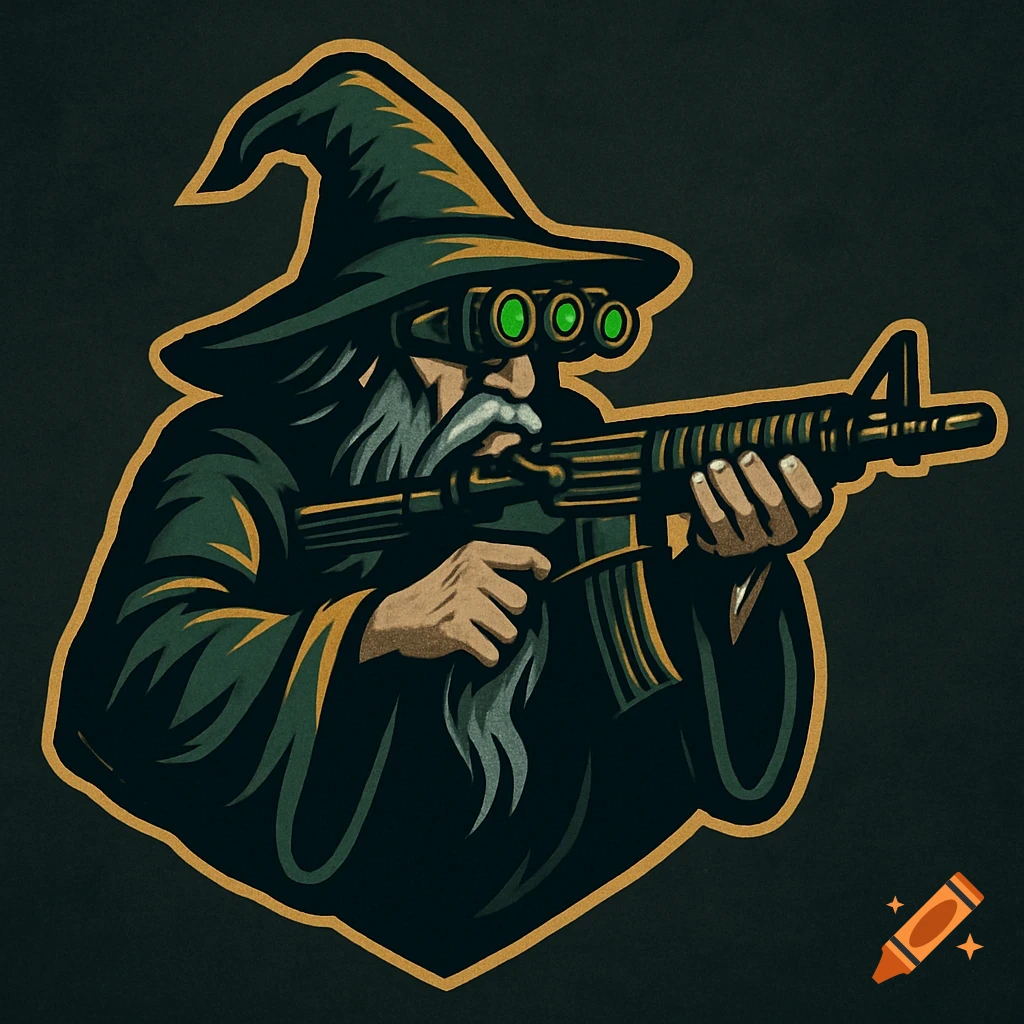 Stylized logo of a wizard with goggles holding an assault rifle. on Craiyon