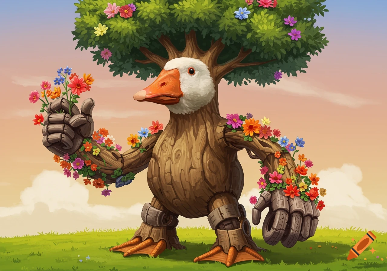 Illustration of a tree creature with a goose head, tire feet, and ...