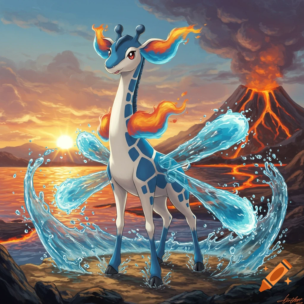 A water and fire type giraffe pokemon by the ocean at sunset near an ...