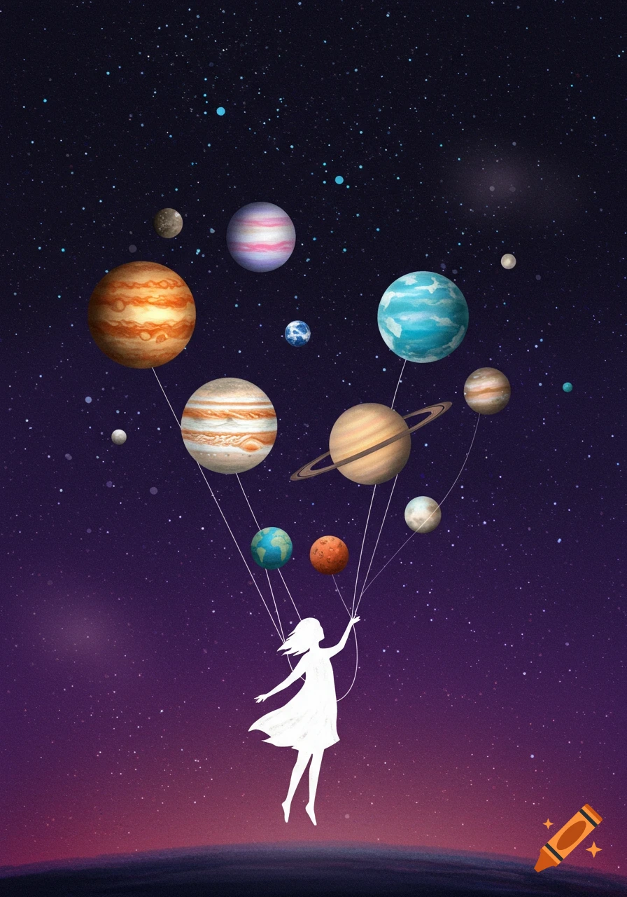 A silhouette of a person holding planets on strings like balloons in ...
