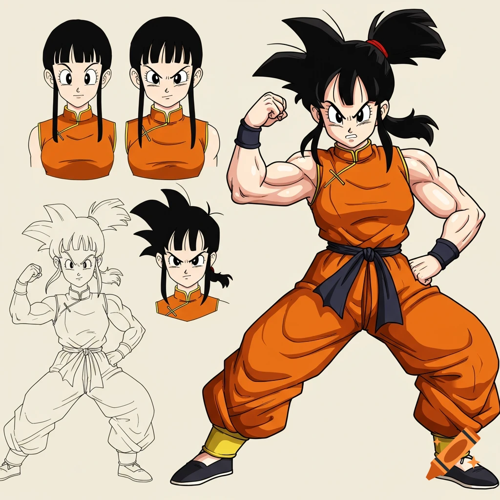 Anime model sheet of Chi Chi from Dragon Ball flexing her arm, showing ...