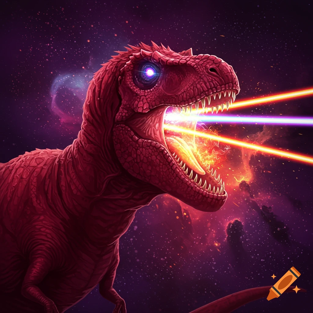 A red Tyrannosaurus Rex shoots lasers from its eyes and fire from its ...