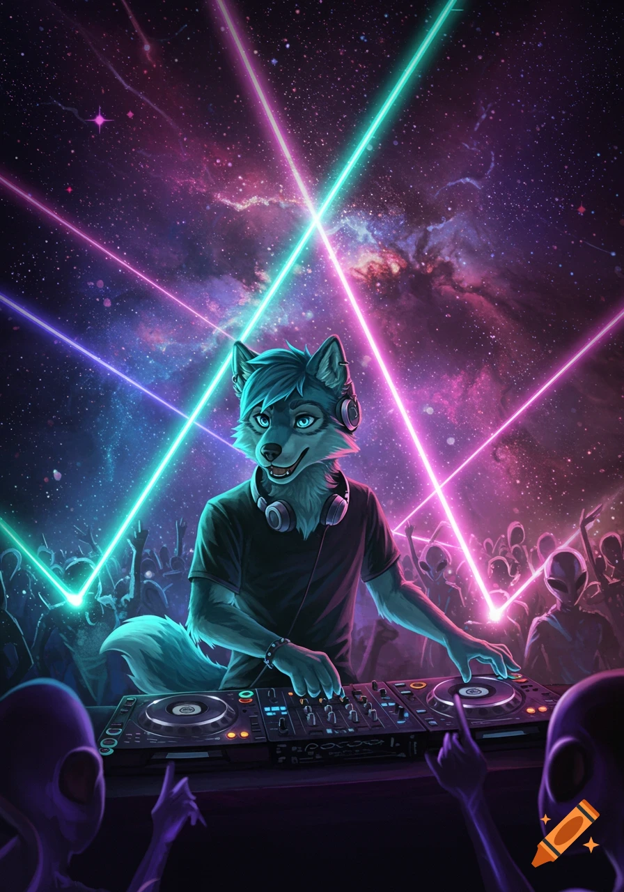 A wolf furry DJ plays music at a space rave with aliens and colorful laser lights. on Craiyon