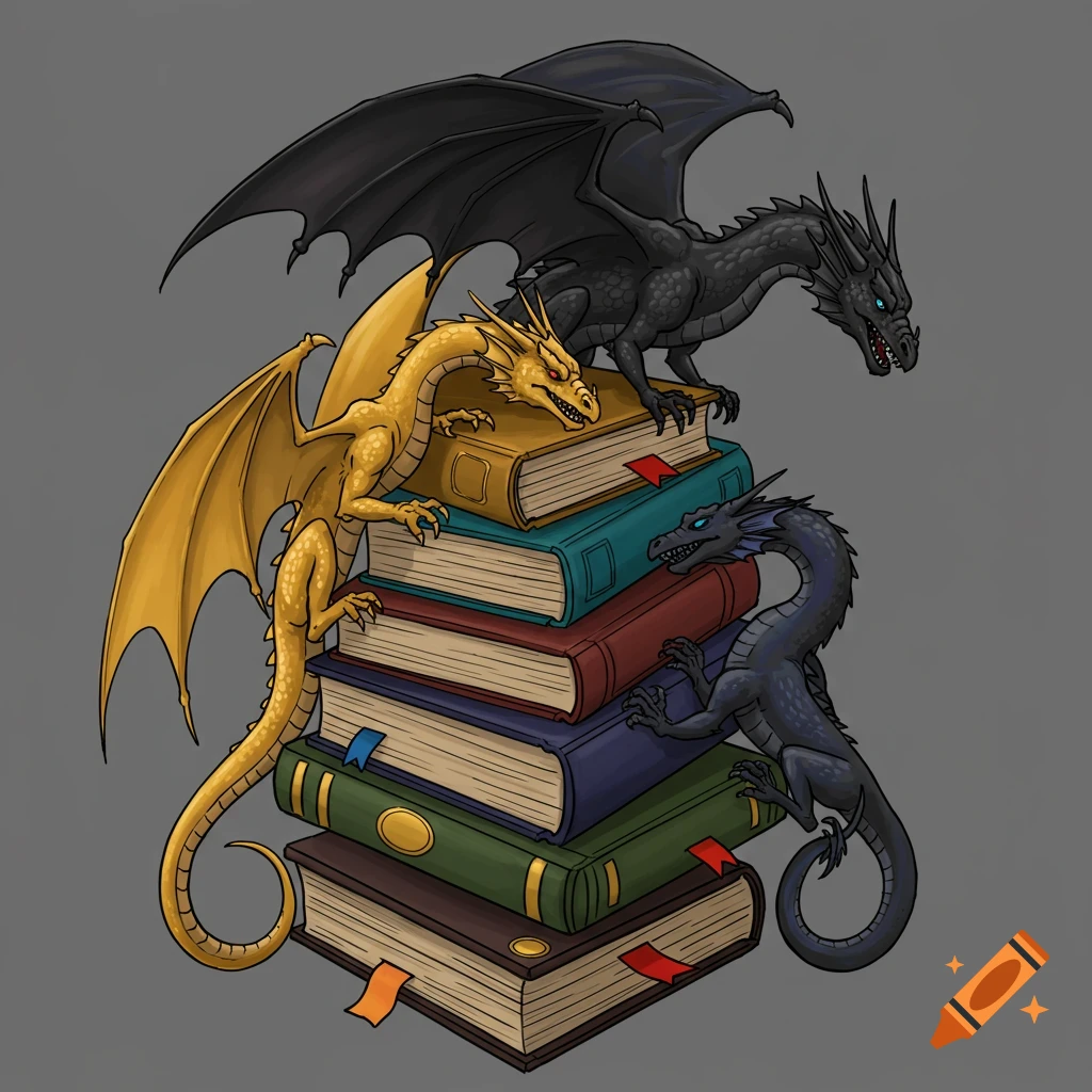 Three cartoonish dragons on a stack of books in illustration style. on ...