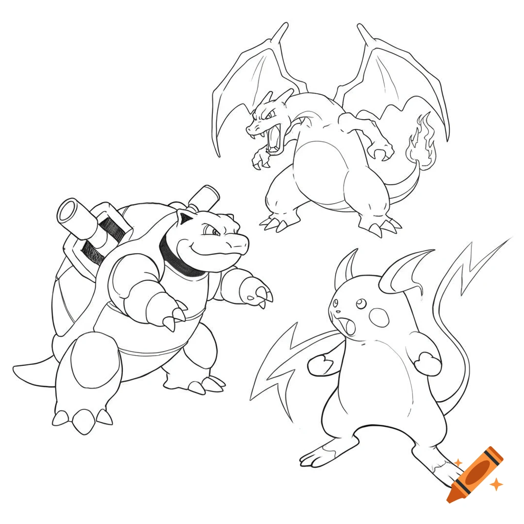 Outline drawing of Blastoise, Charizard, and Raichu in battle poses. on ...