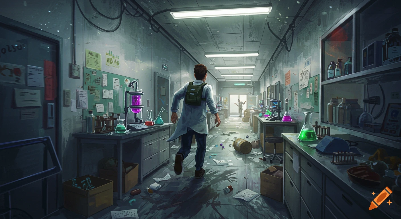 Person runs through a messy laboratory hallway. on Craiyon