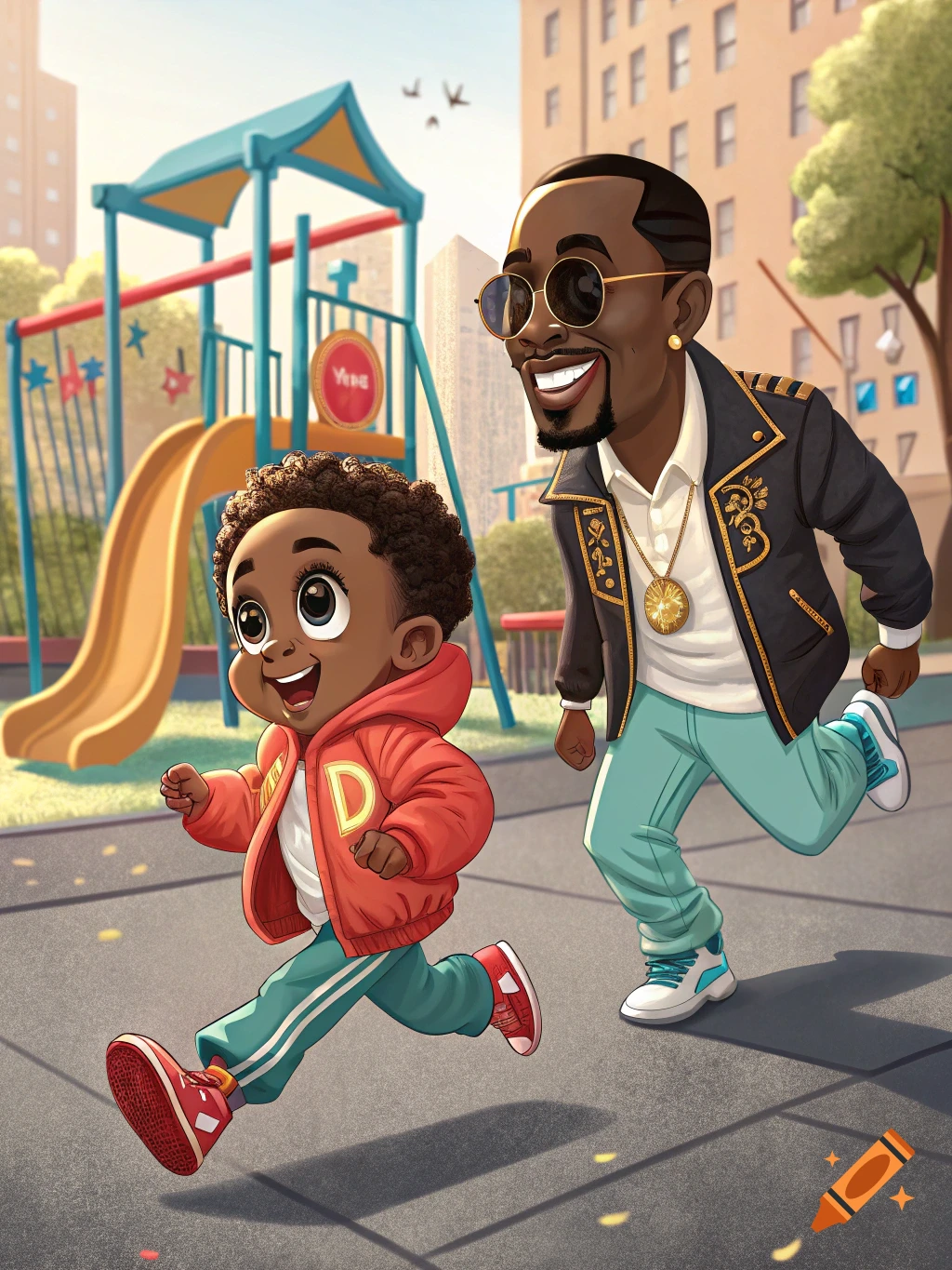 Cartoon illustration of a happy child running in a playground with an ...