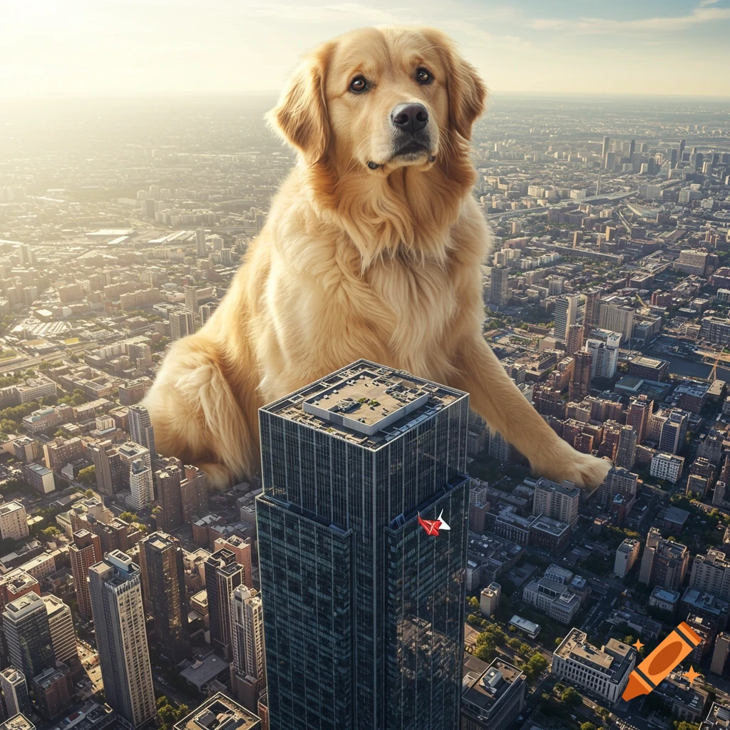 A giant golden retriever dog sits atop a tall skyscraper overlooking a ...