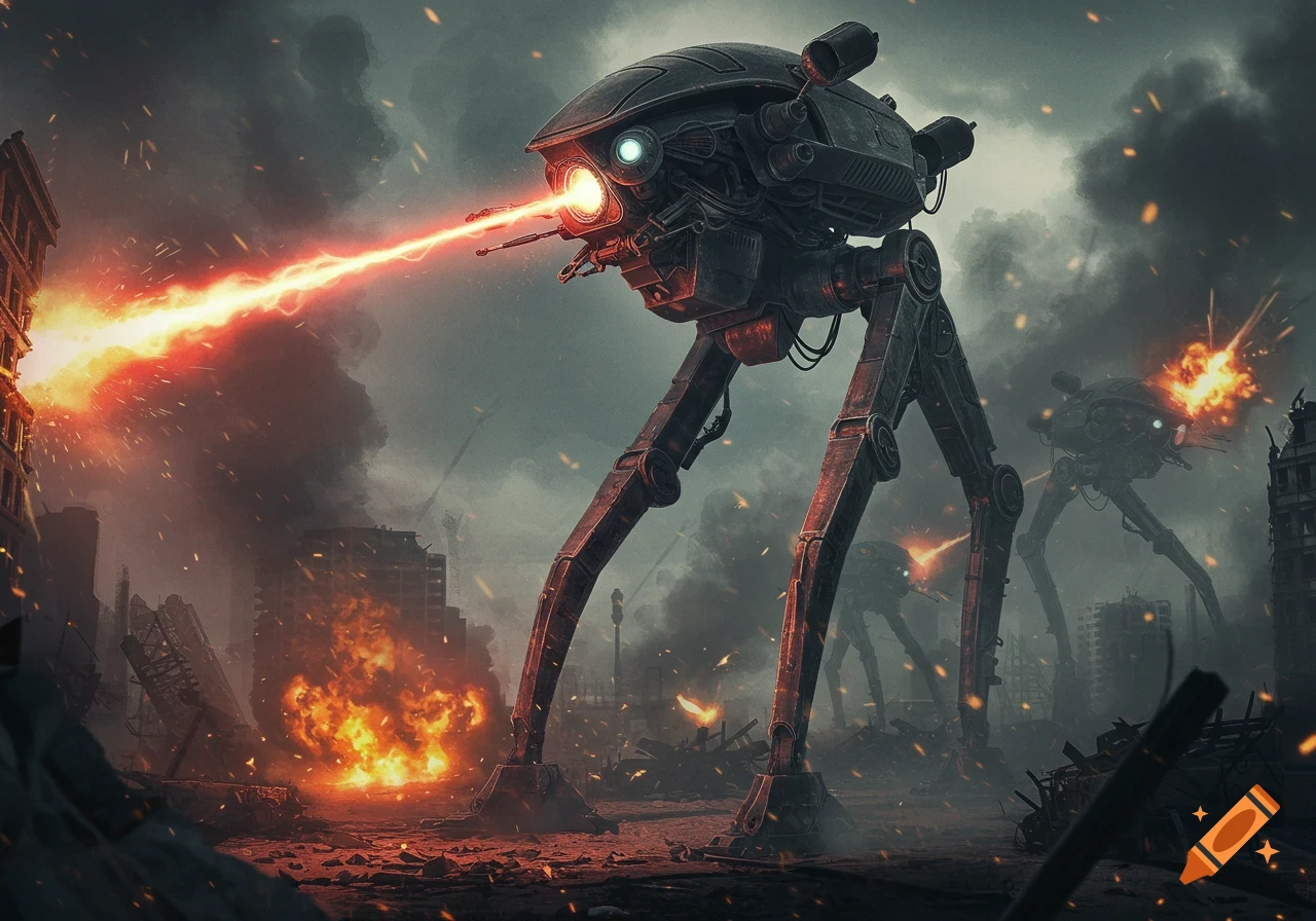 Sci-fi tripod robots firing lasers in a destroyed city on Craiyon