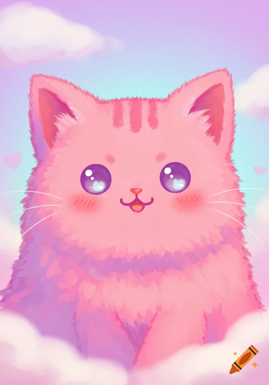 Close-up of a fluffy pink cat face with large purple eyes against a ...