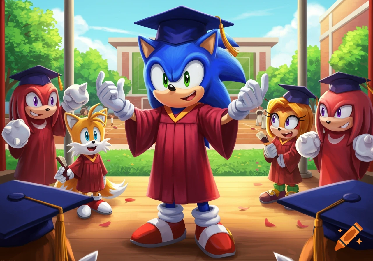 Sonic, Tails, Knuckles, and Amy pose in graduation robes and caps at a ...