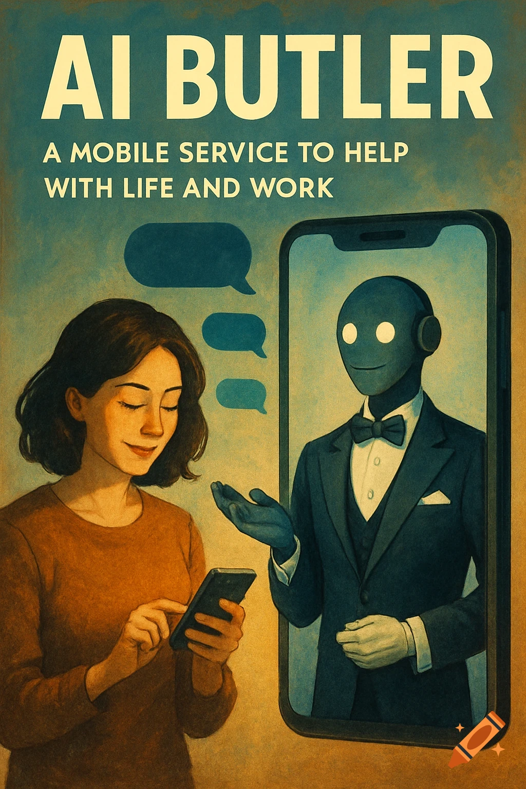 Illustration of a woman using a phone with an AI butler in a suit on ...