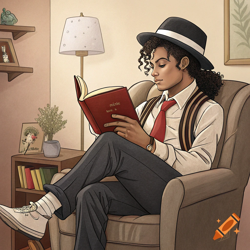 Illustration of Michael Jackson sitting in a chair reading a book ...