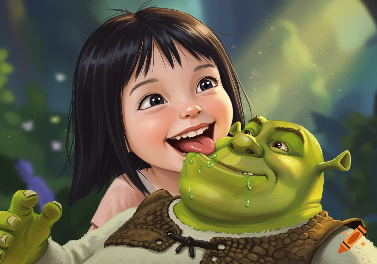 Illustration of a young girl licking Shrek's face covered in green ...