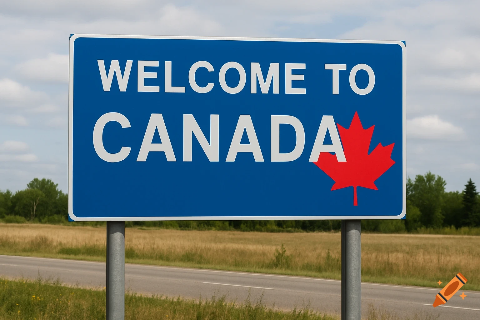 A blue sign with white text reads "WELCOME TO CANADA" with a red maple ...