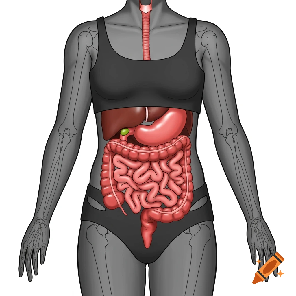 Illustration of human body outline showing the digestive system on Craiyon