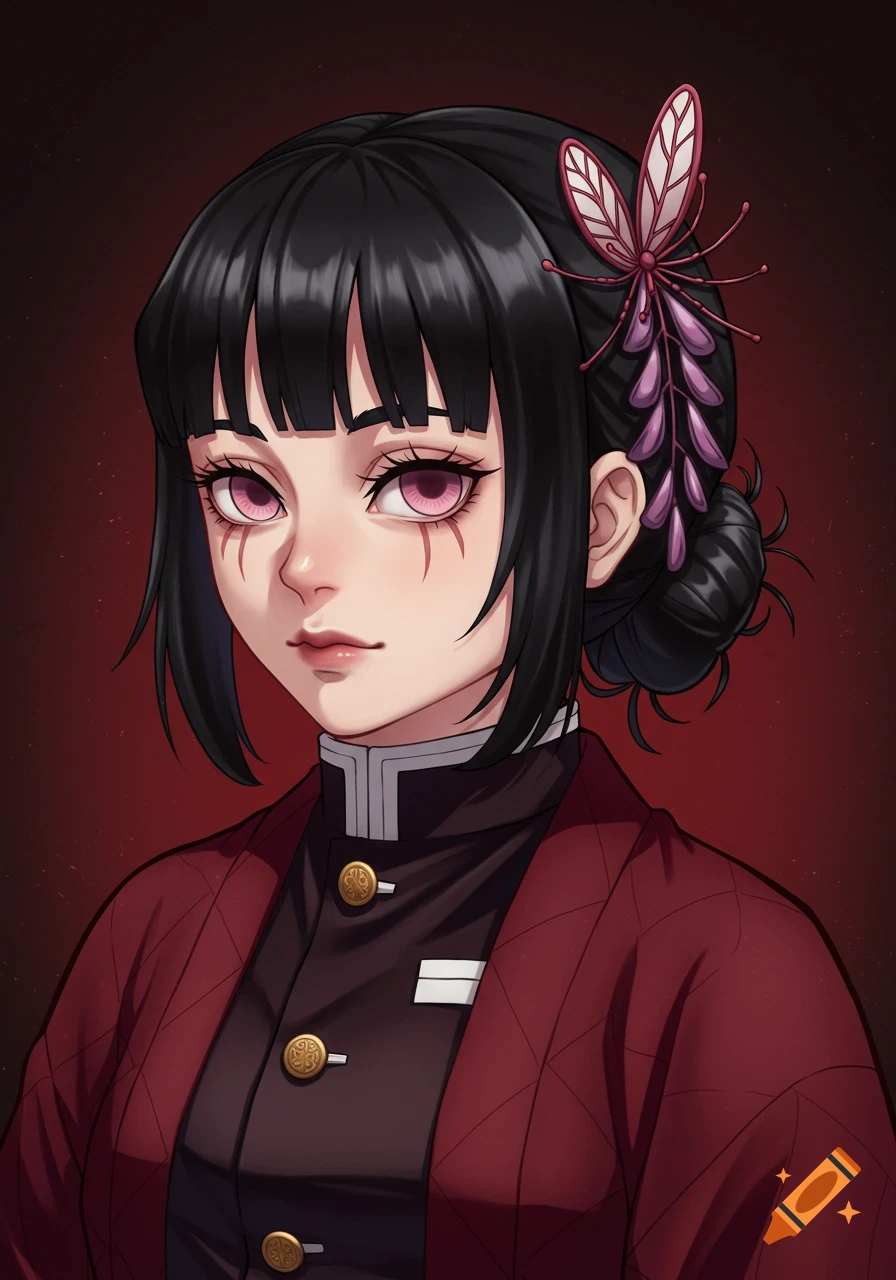 Anime portrait of a young woman with black hair and pink eyes in a ...
