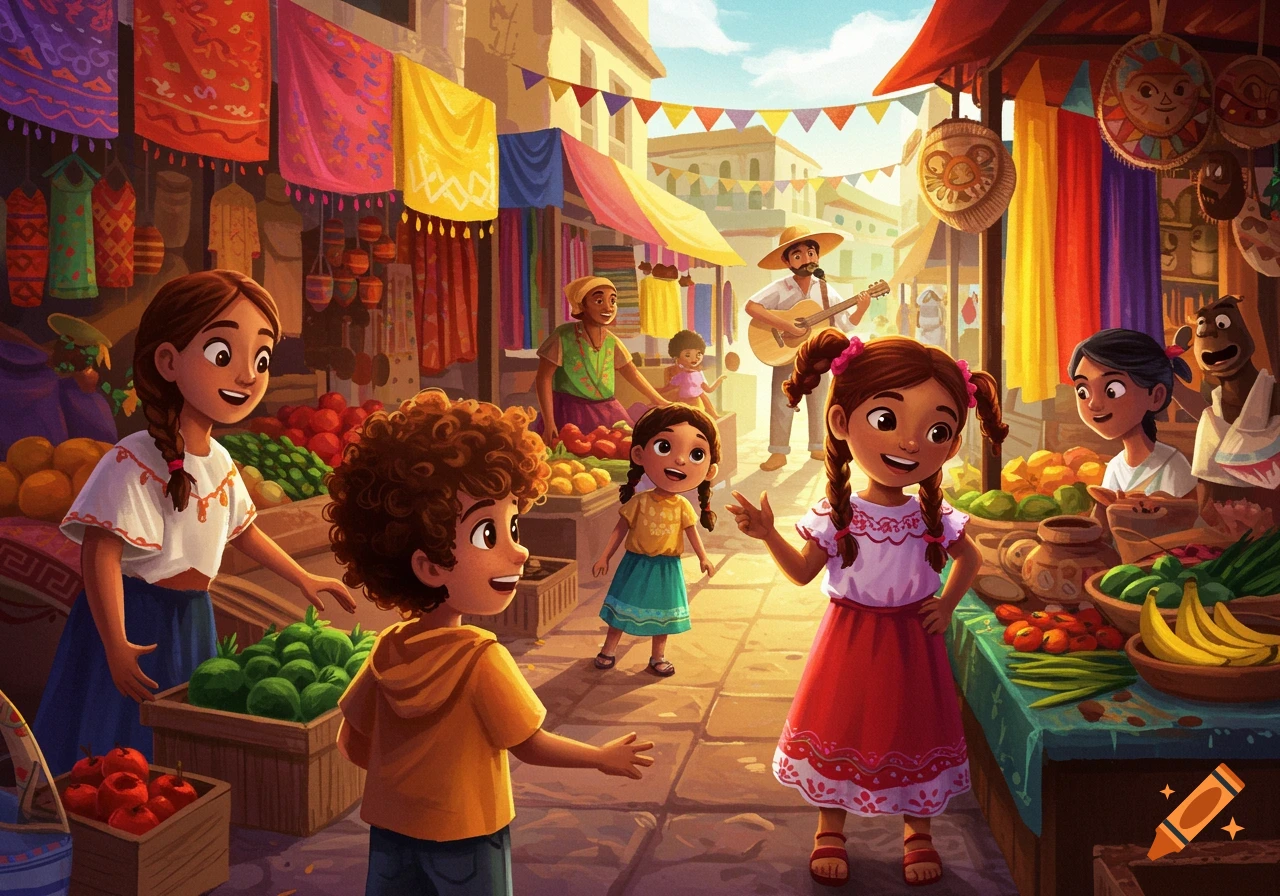 Children shop at a vibrant market with food and textile stalls ...