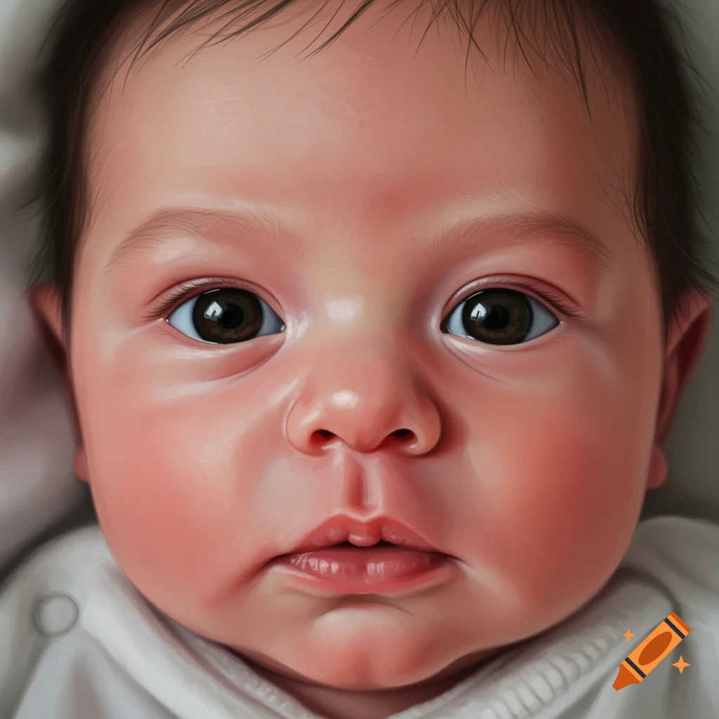 Close-up photorealistic portrait of a baby's face staring forward on ...