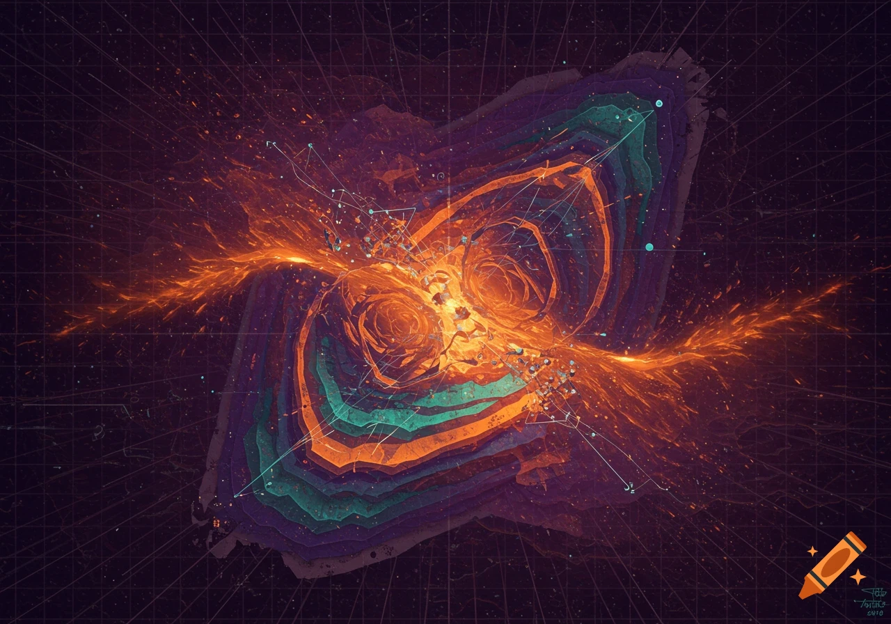 Abstract visualization of bright energy bursts and layered geometric ...