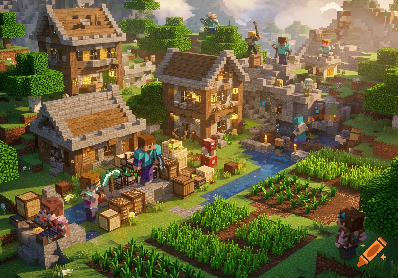 Detailed Minecraft village scene with characters farming, building, and ...