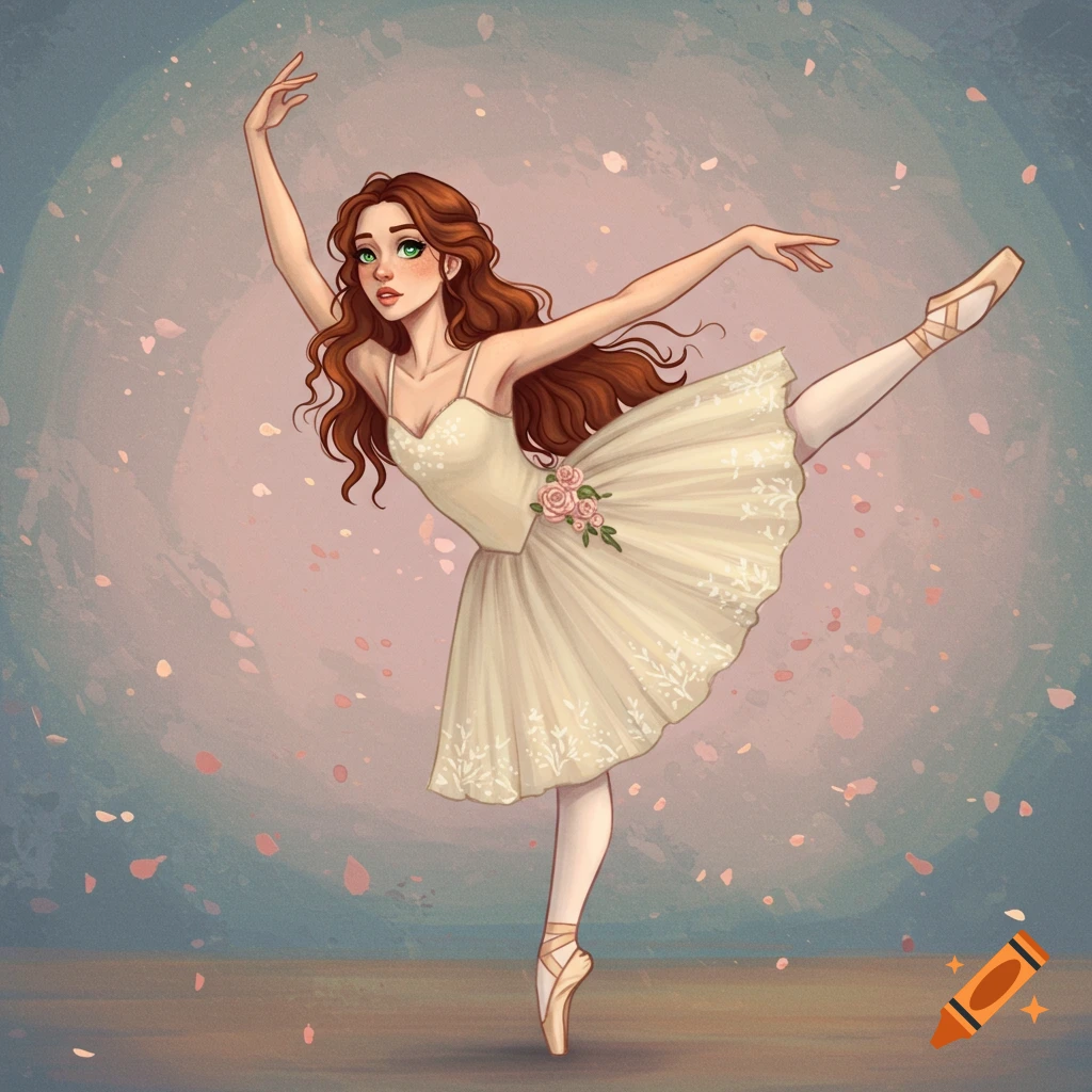 An illustration of a ballerina dancing en pointe in a pale dress. on ...