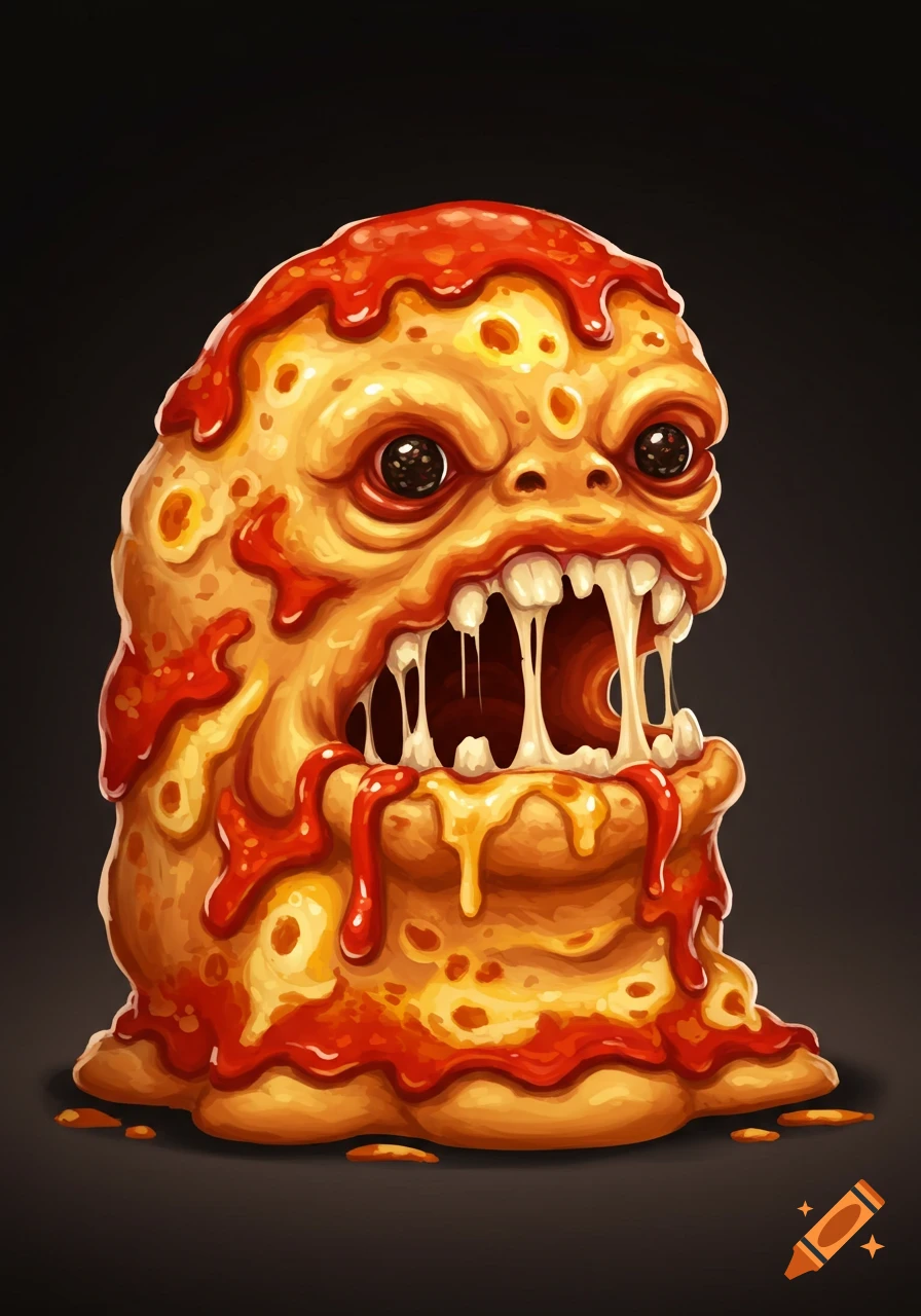 Illustration of a monstrous creature made of pizza, sauce, and cheese ...