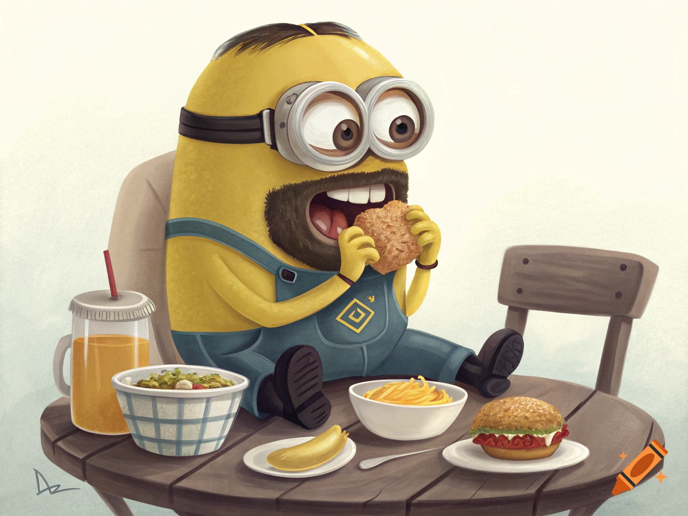 Cartoon illustration of a bearded minion sitting at a table and eating ...