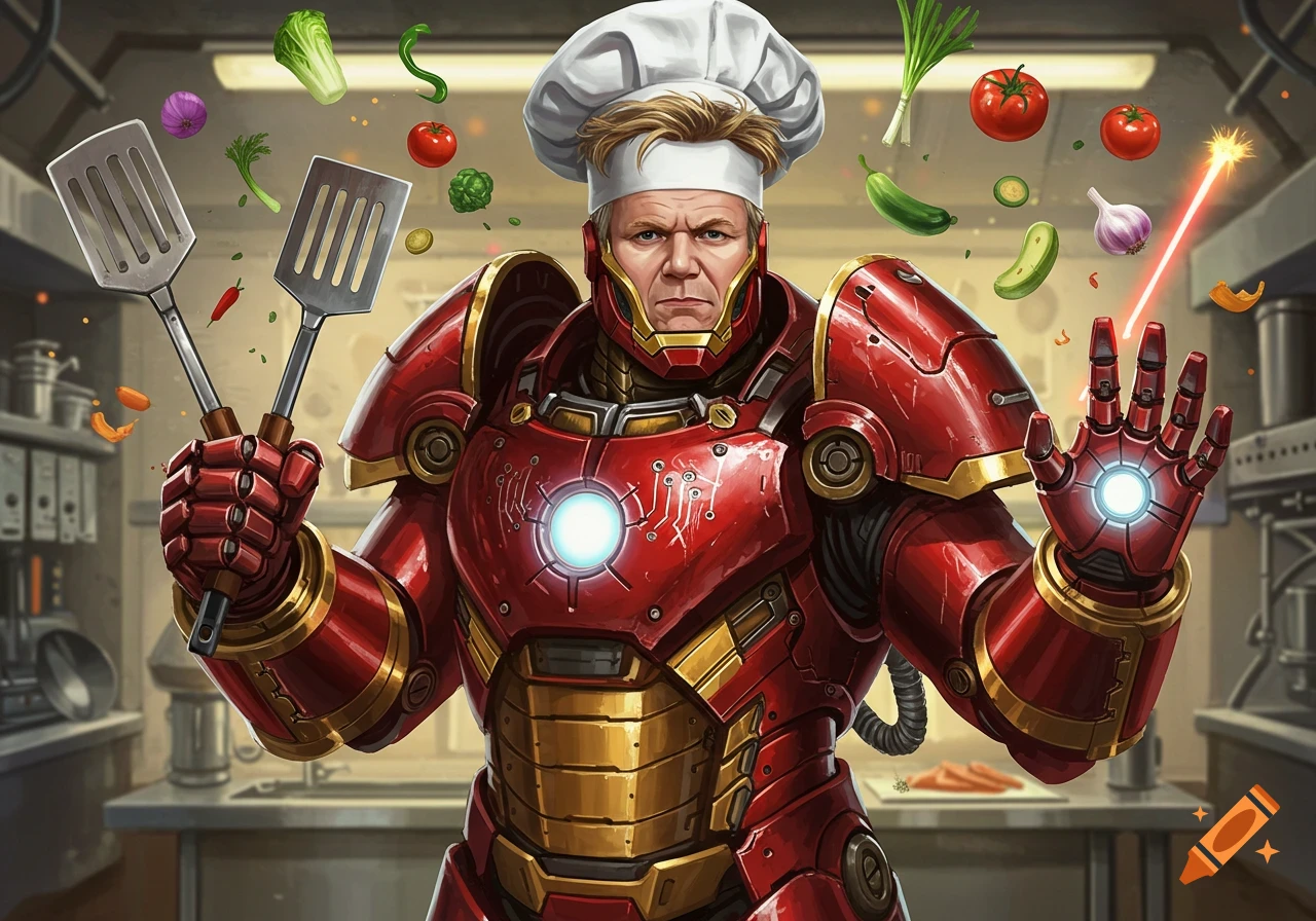 Gordon Ramsay in Iron Man suit and chef hat holds spatulas in a kitchen ...